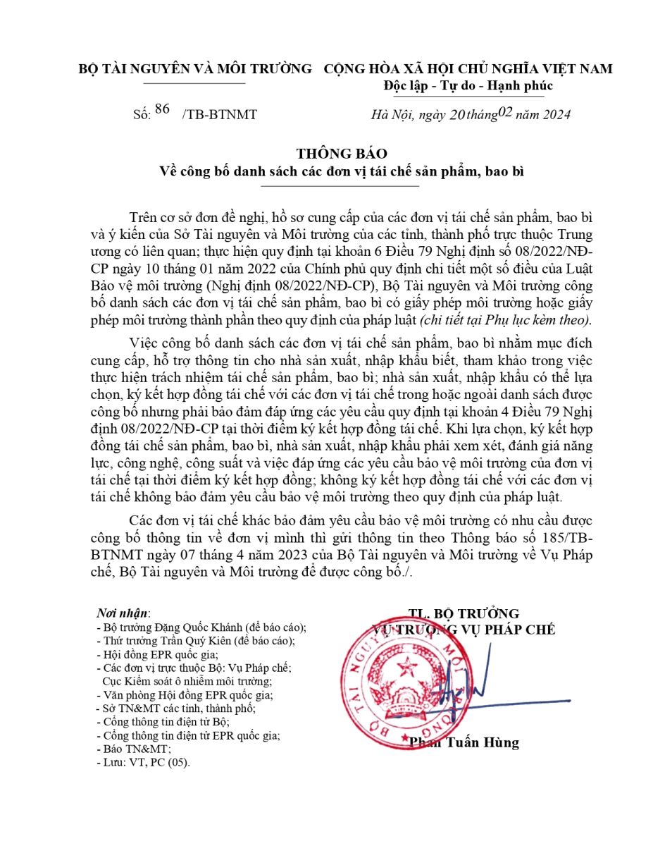 Thông báo số 86/TB-BTNMT: Danh sách các đơn vị tái chế